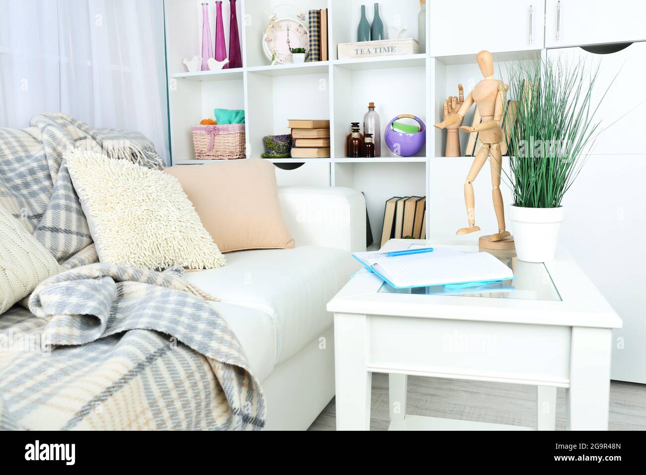 Modern interior design of living room in light colors, indoors Stock ...