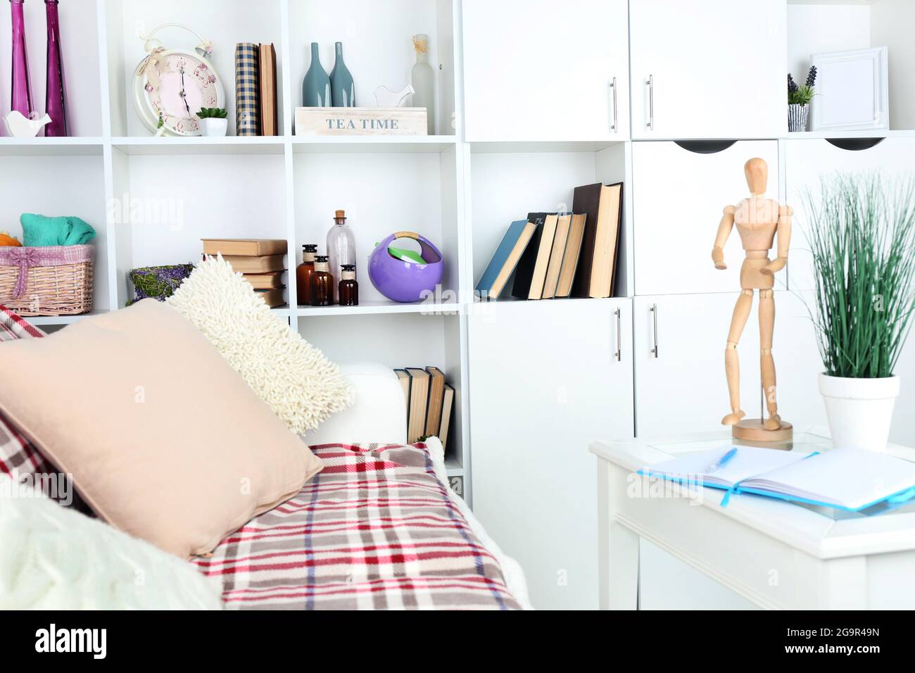 Modern interior design of living room in light colors, indoors Stock ...