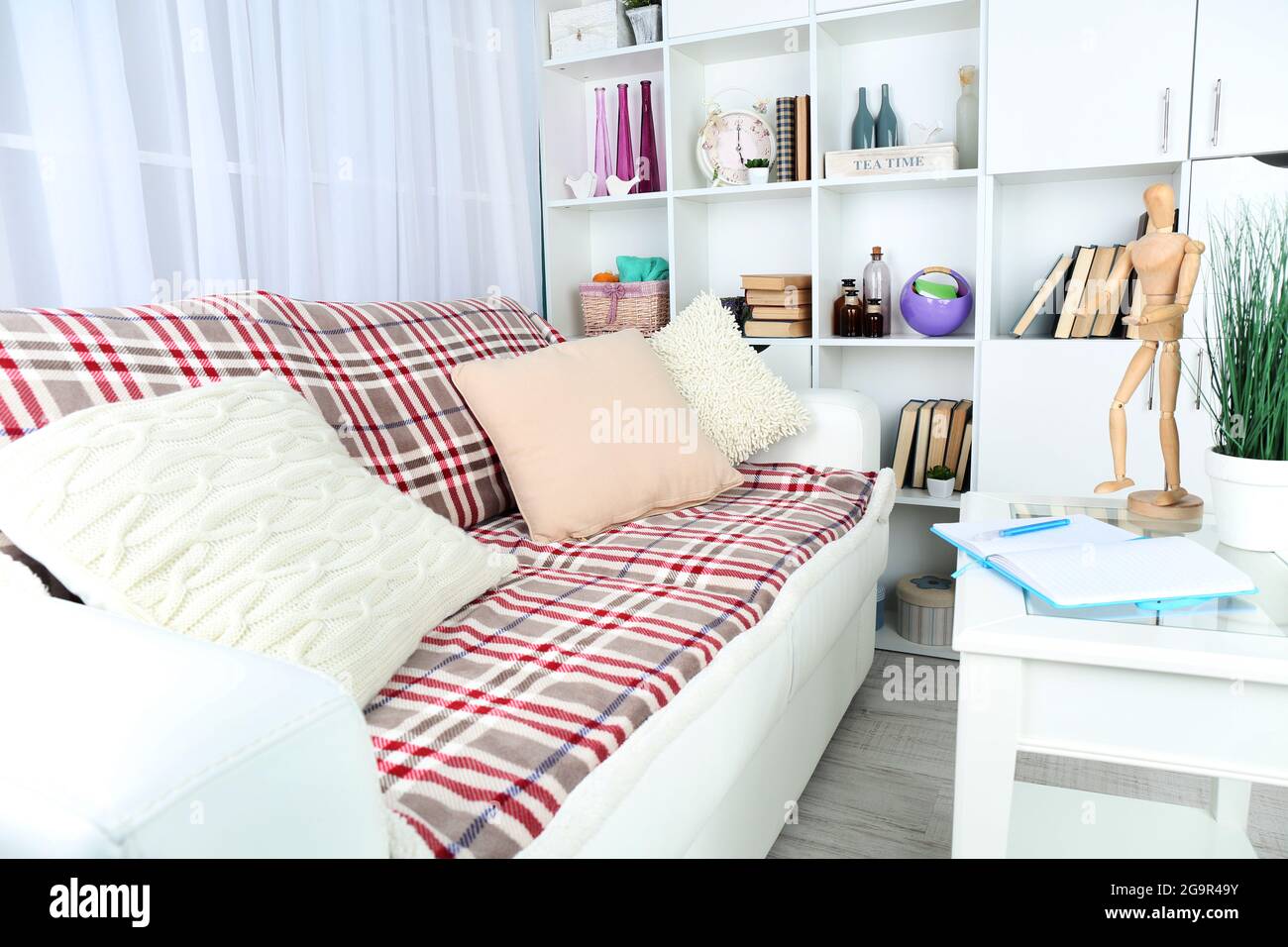 Modern interior design of living room in light colors, indoors Stock ...