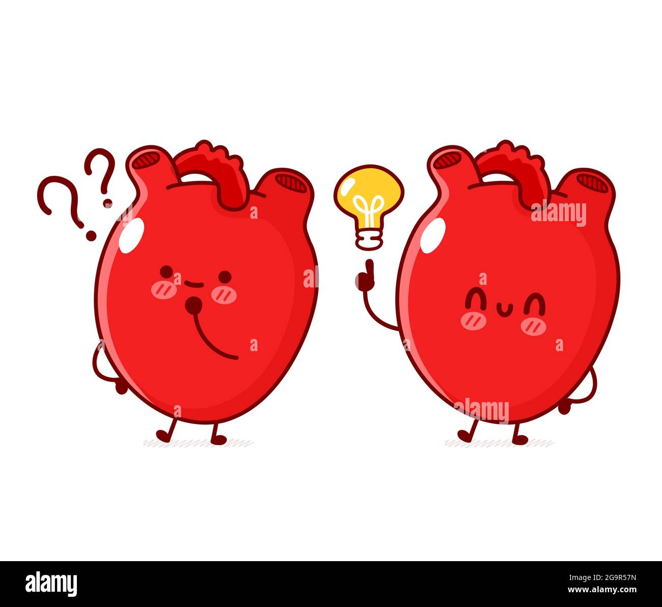 Cute funny human heart organ with question mark and idea lightbulb ...