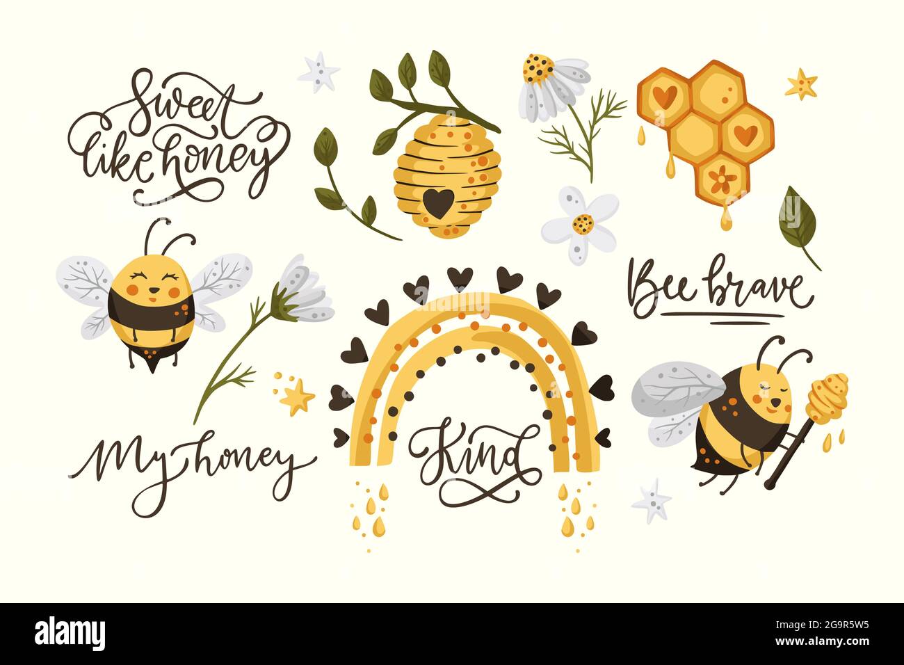 Cute honey bee funny illustration set. Cartoon vector happy summer ...