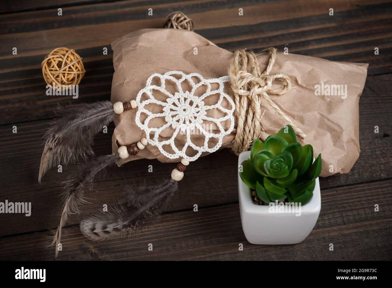 Set of decoration for gift wrapping. Craft package, dream catcher ...