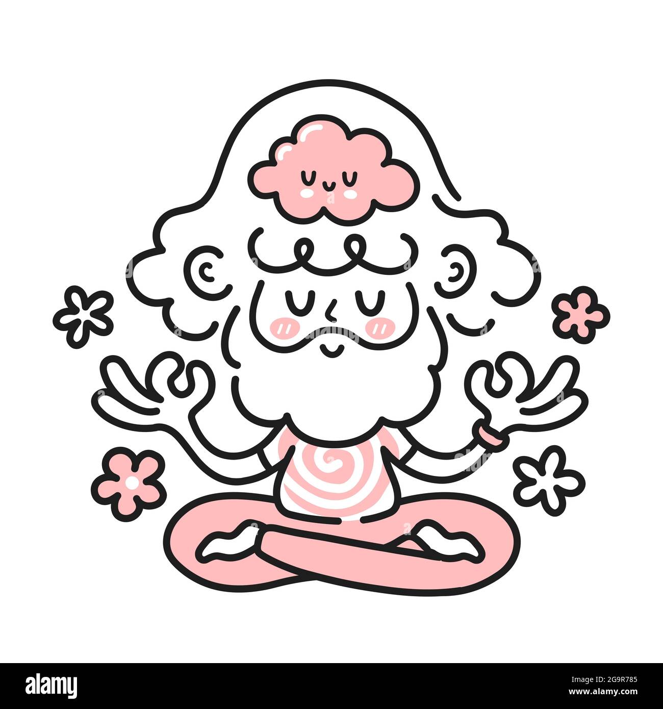 Cute meditating hippie man with happy brain inside. Vector cartoon ...