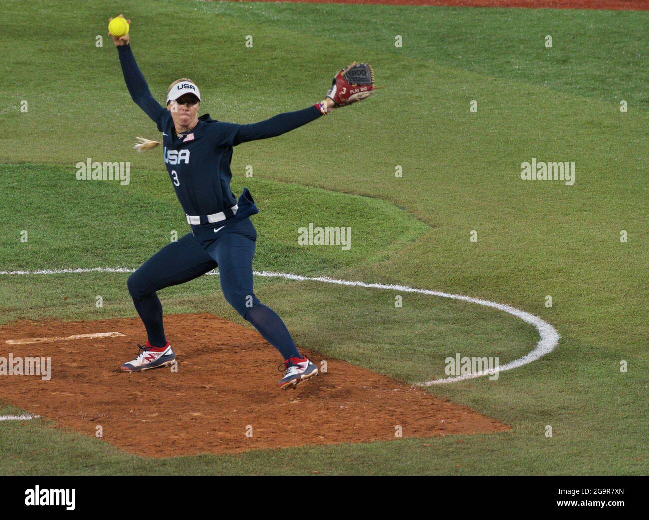 Tokyo, Japan. 27th July, 2021. USA's pitcher Ally Carda hurls the ball ...