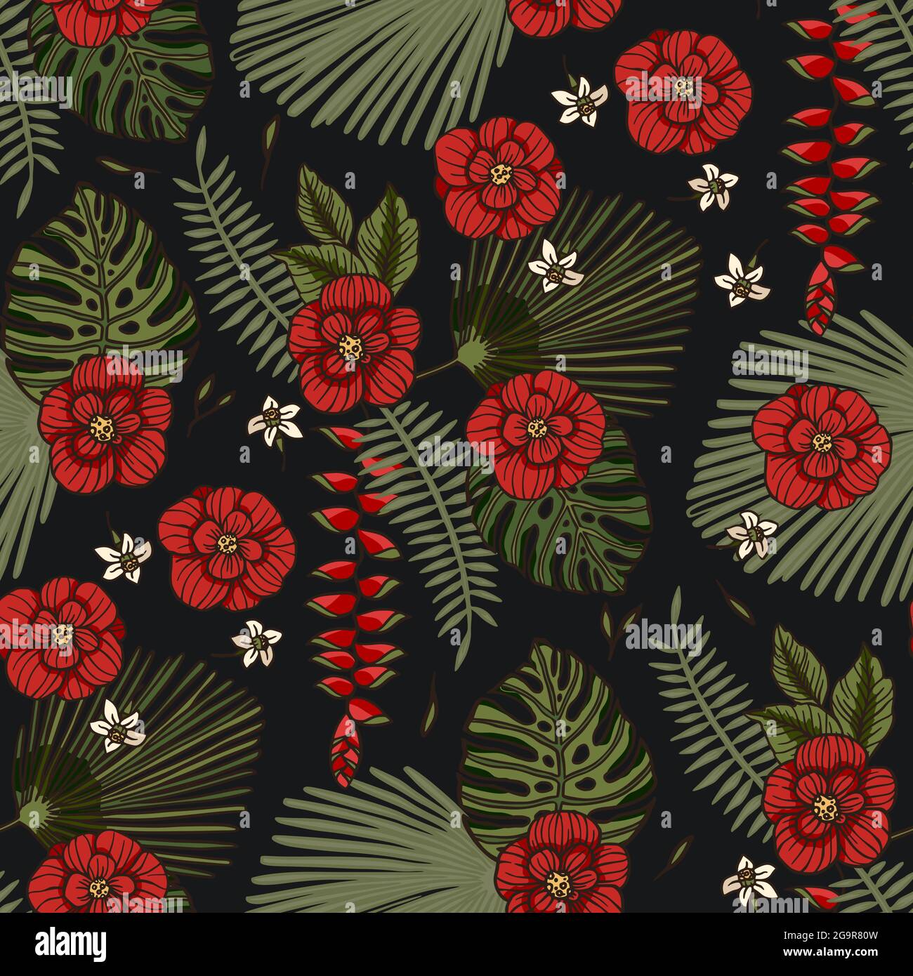 Red tropical rose hibiscus and heliconia flower seamless pattern ...