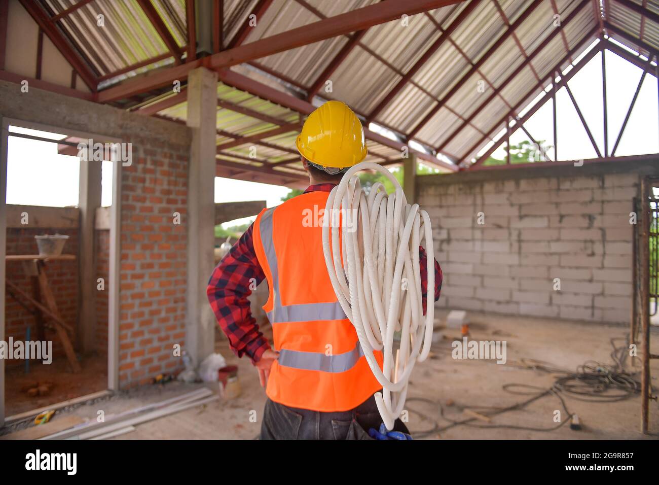 Roofer Construction worker install new roof,Roofing tools,Electric ...