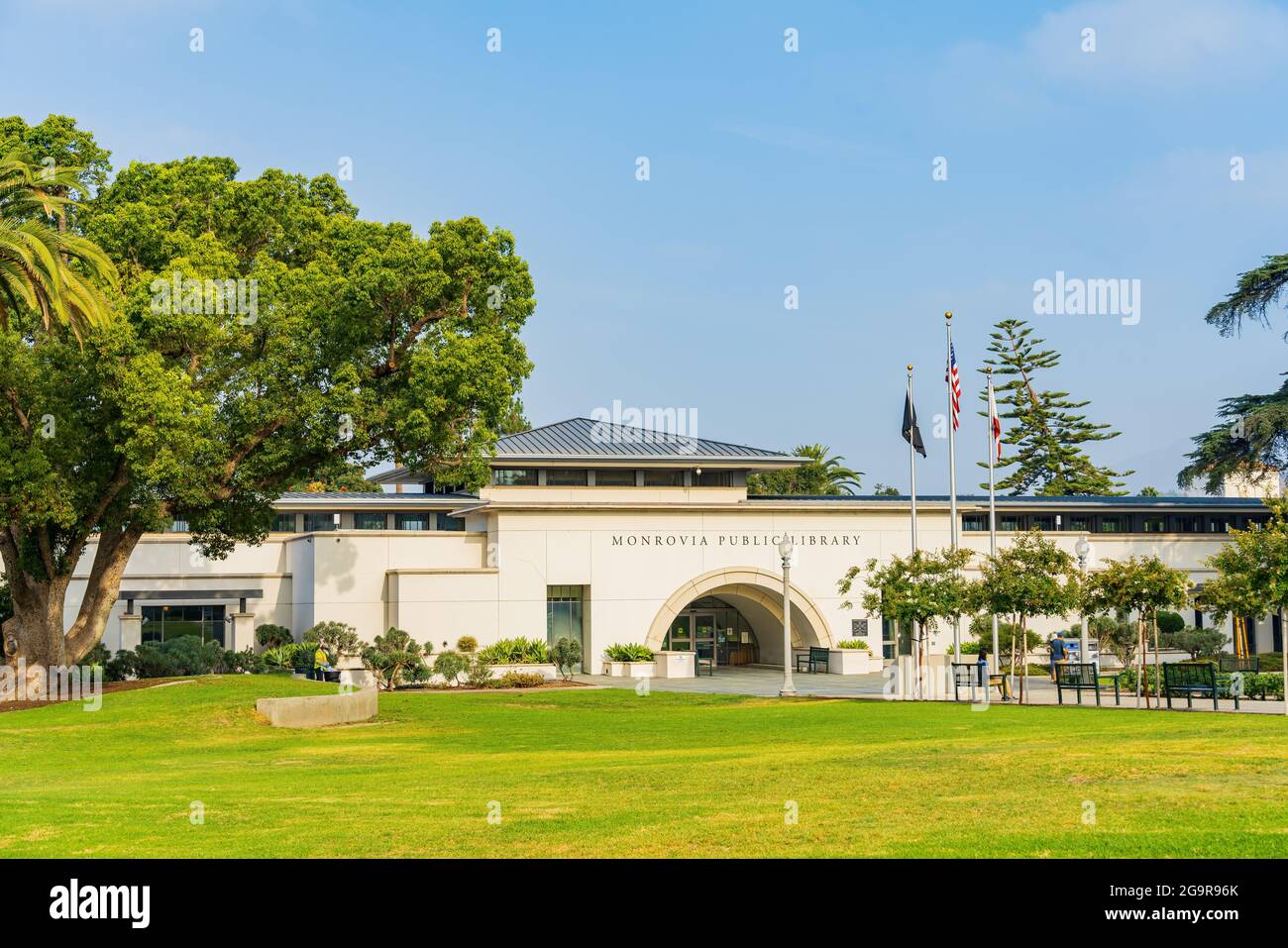 Morning view of the Monrovia Public Library in Library Park at Monrovia ...