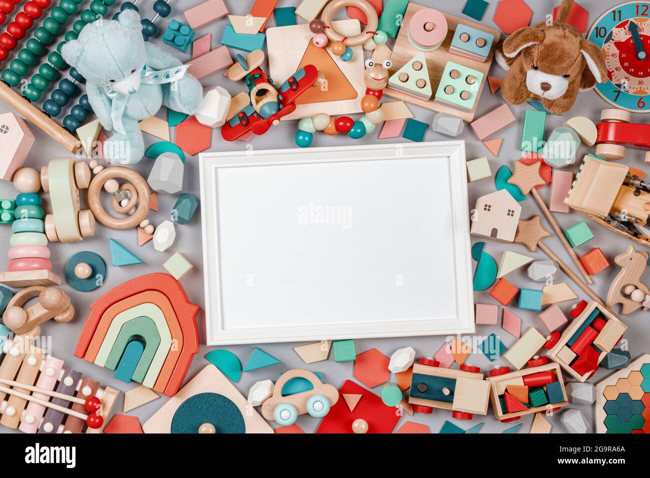 Kid toy background. Educational wooden, plastic, fluffy kids toys and ...