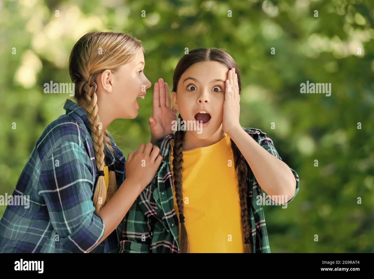 Little girl whisper in friends ear listening with curious look summer ...