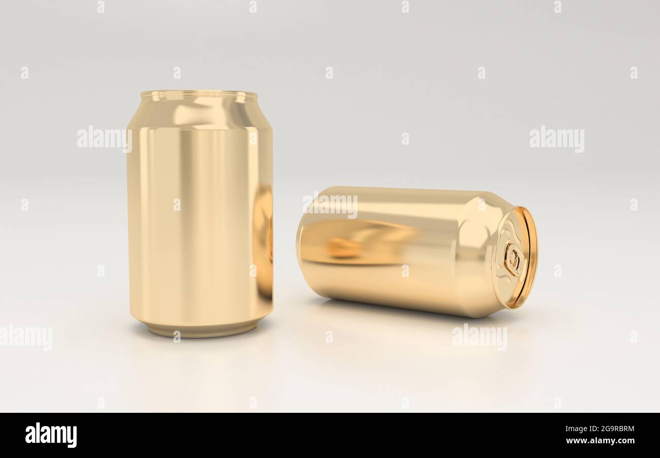 3D rendering of two golden cans isolated on a white background Stock ...
