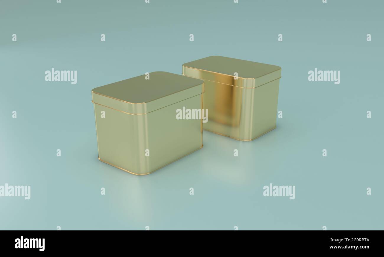 3D rendering of two golden containers isolated on a gray background ...