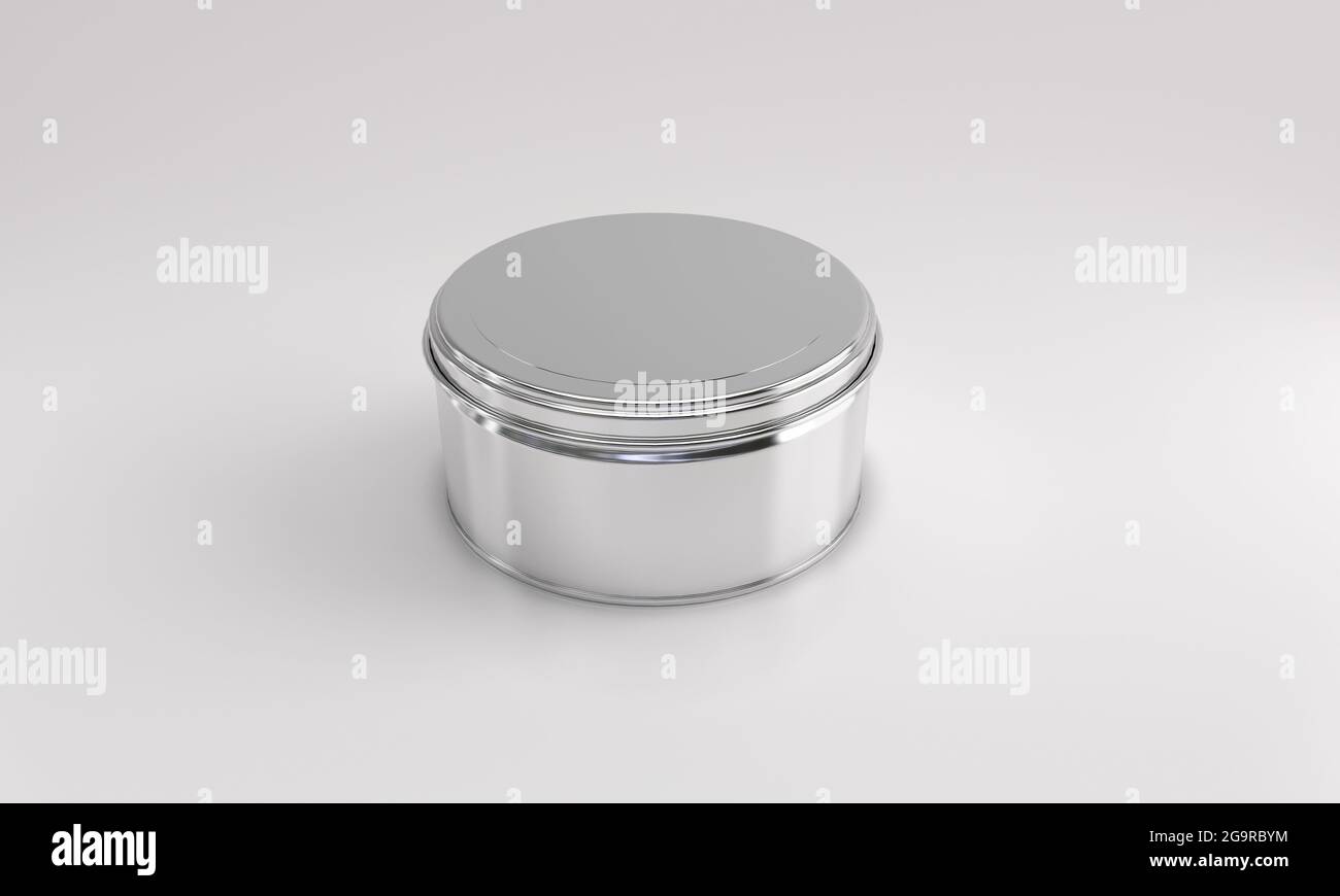 3D rendering of a metal round box isolated on a white background Stock ...