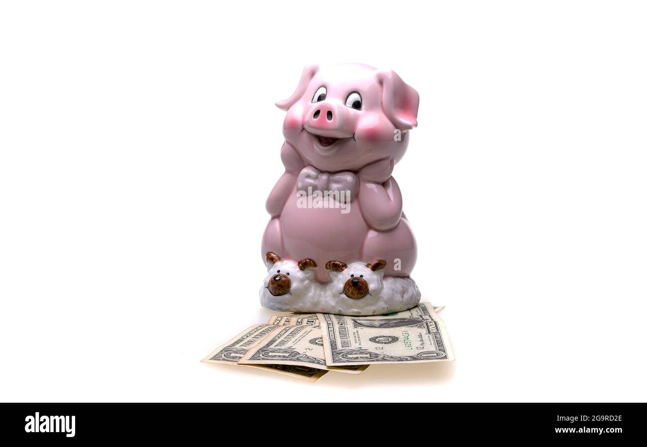 Pink piggy bank in the form of a cute pig and dollar bills. The ...