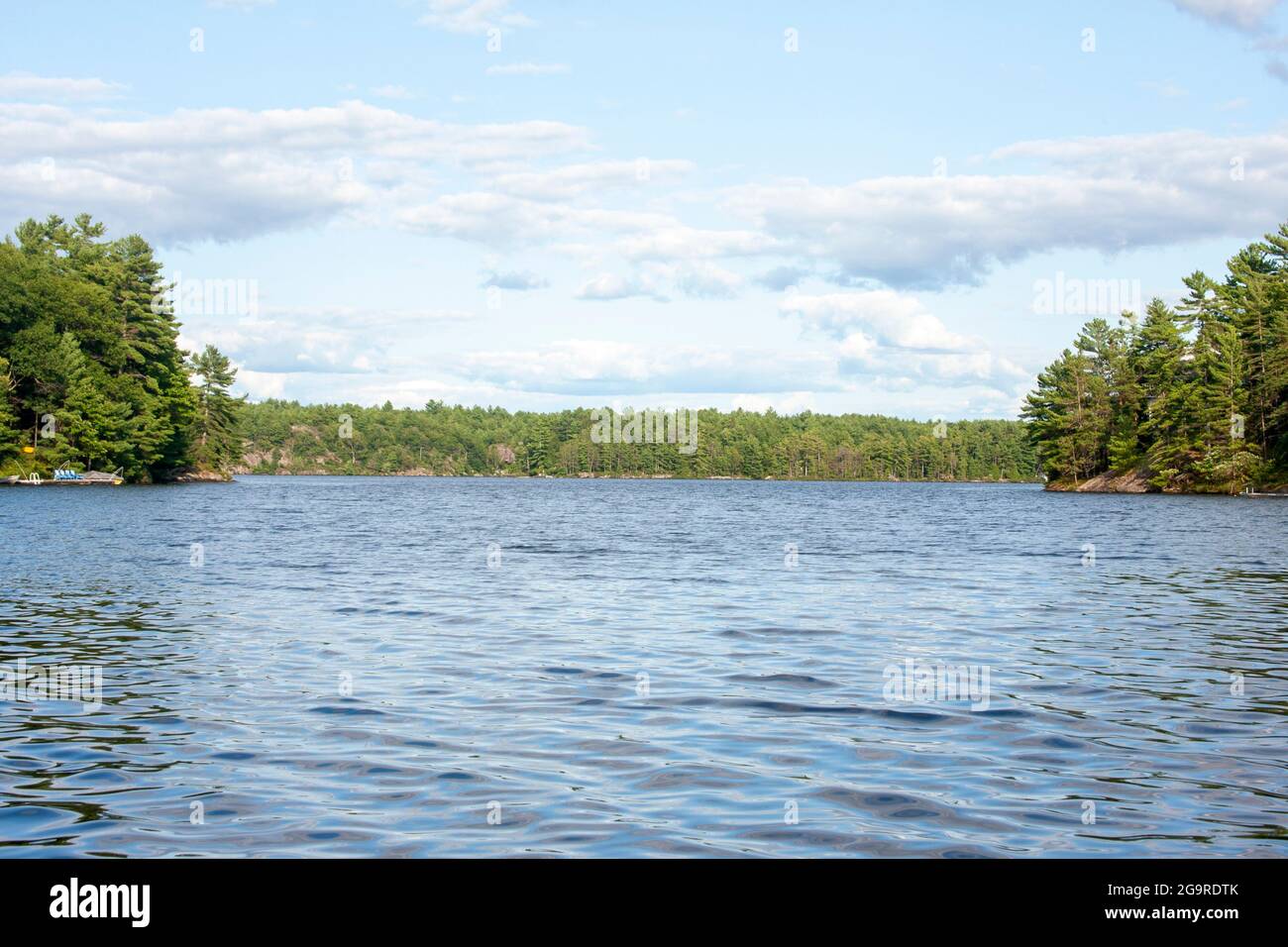 Water ripples in a Muskoka lake, with trees, blue sky and fluffy clouds ...