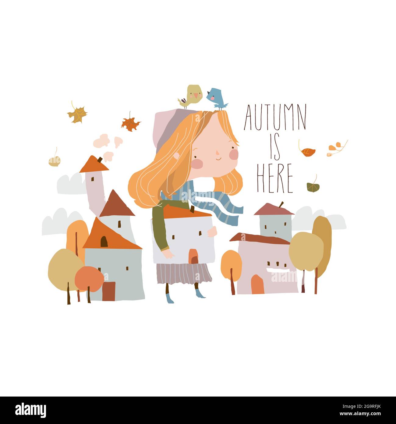 Cute Cartoon Autumn Girl with Little Houses Stock Vector Image & Art ...