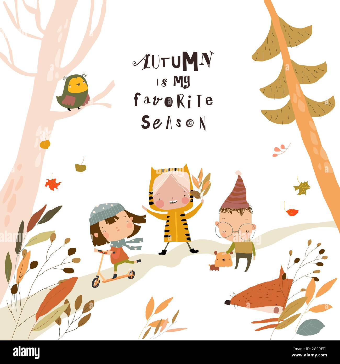 Cute Cartoon Children having fun in Autumn Forest Stock Vector Image ...