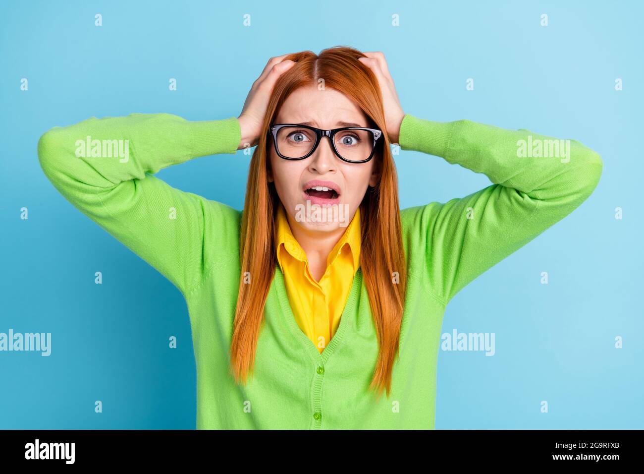 Portrait of attractive desperate red-haired girl bad news reaction cry ...