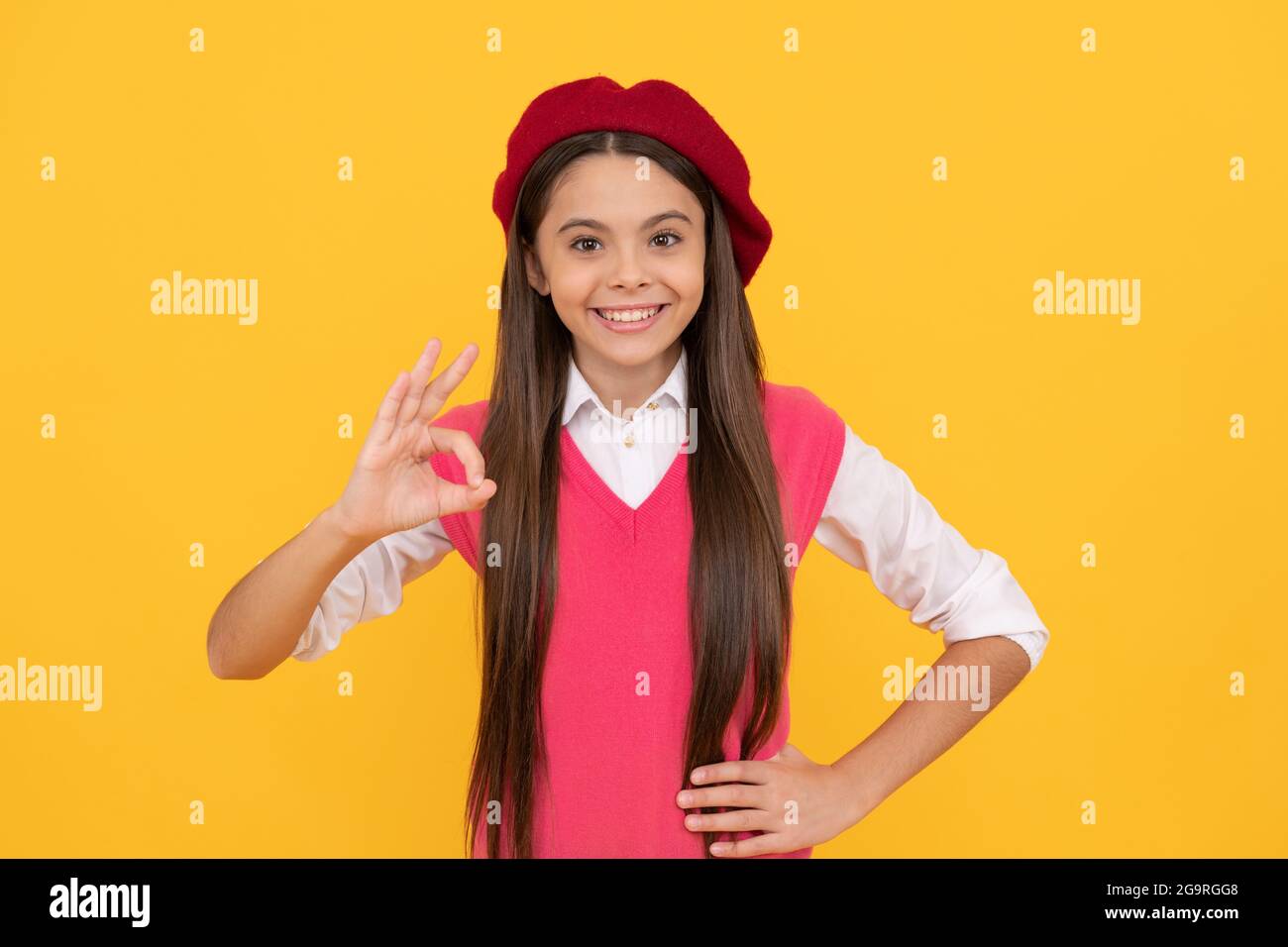 all is ok. cheerful kid in beret. smiling child has perfect style ...