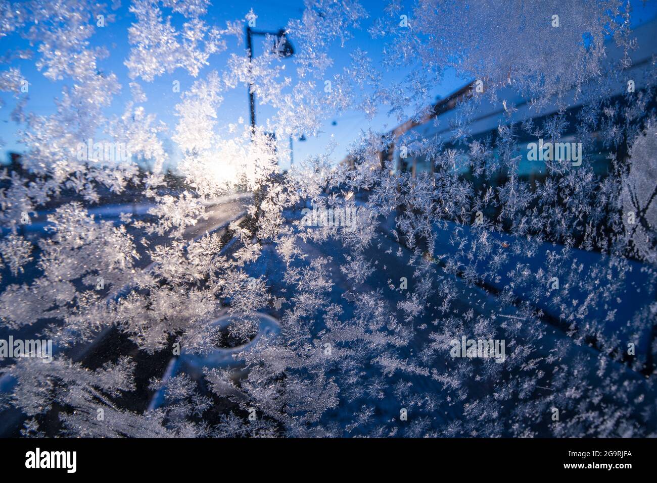Ice crystals on a window backlit by the sun Stock Photo - Alamy