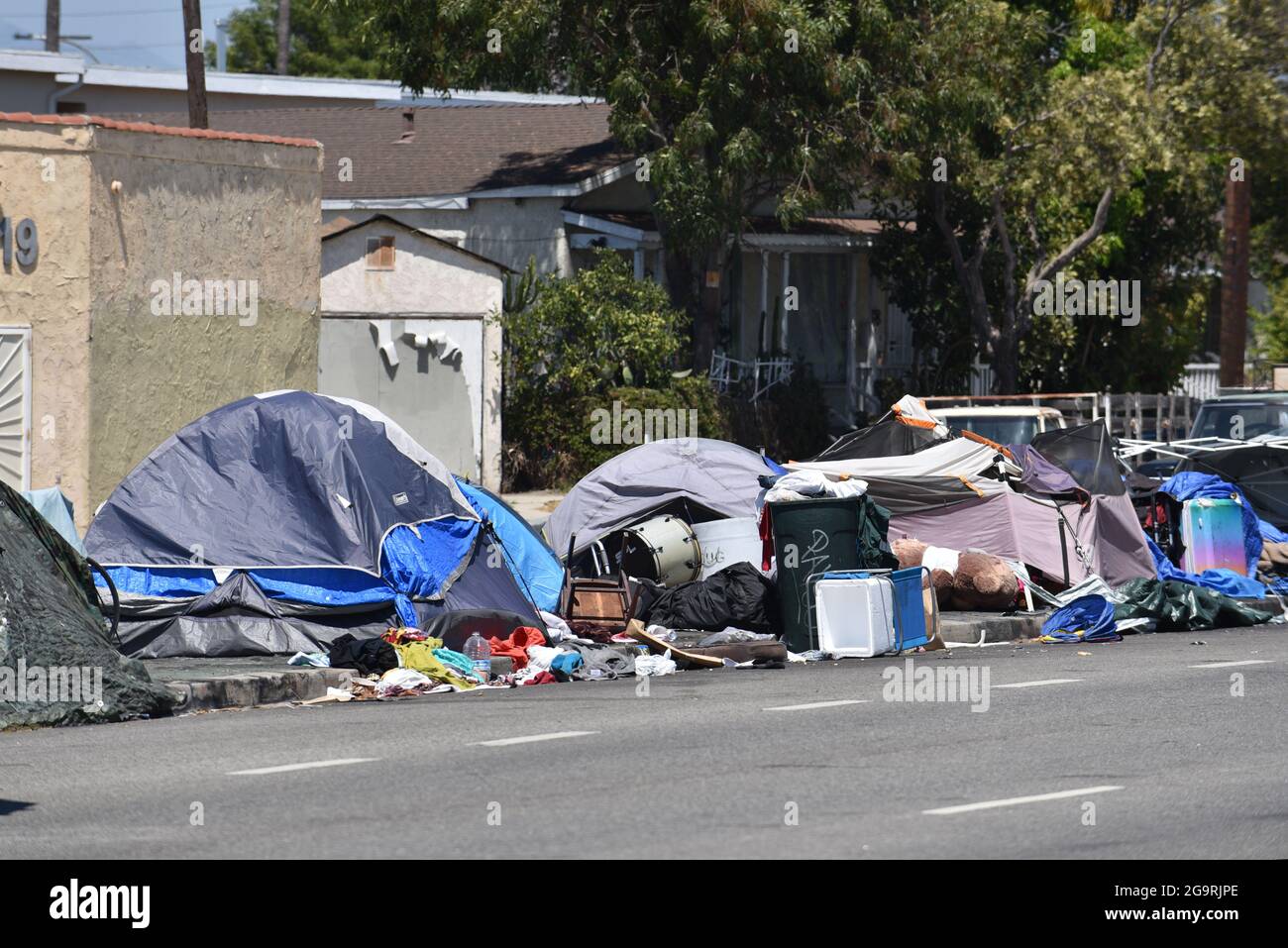 Los Angeles, CA USA - June 30, 2021: Homeless encampment in front of ...