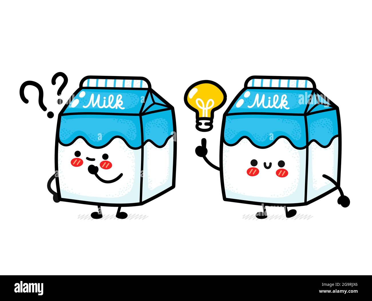 Cute funny milk box with question mark and idea lightbulb. Vector hand ...