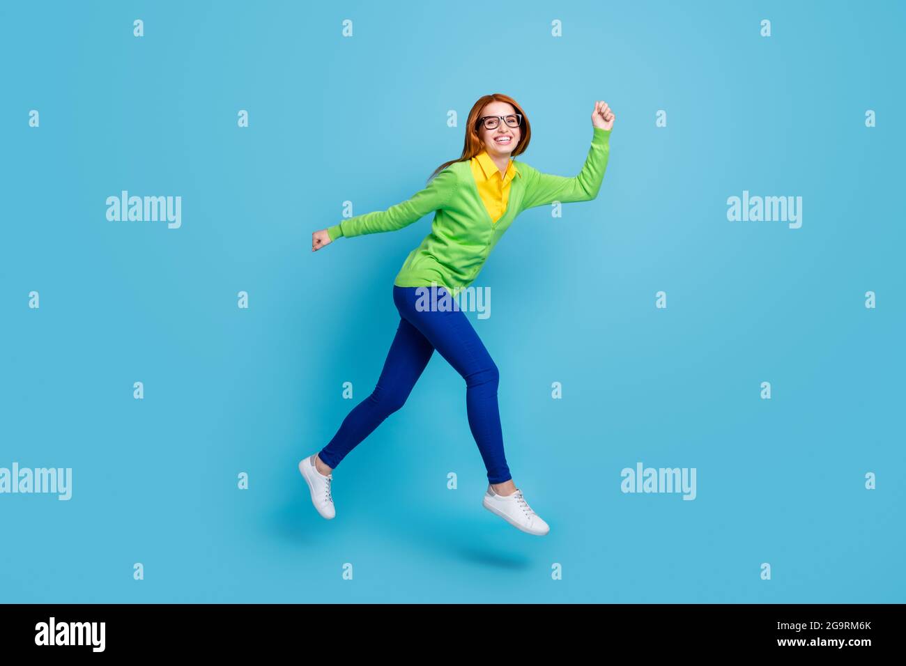 Full length body size view of nice funny cheerful girl jumping walking ...