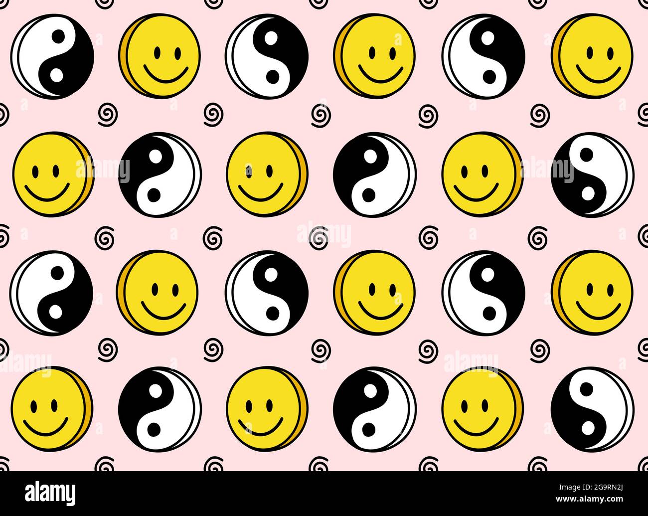 Funny smile cute face and Yin Yang seamless pattern. Vector doodle ...