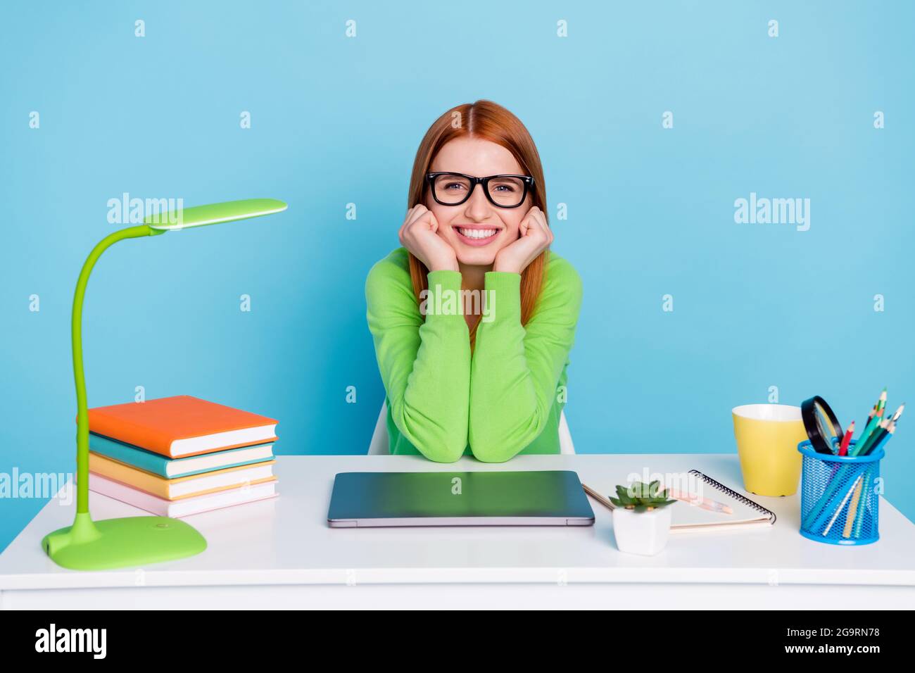 Photo of young clever lady work from home wear spectacles green sweater ...