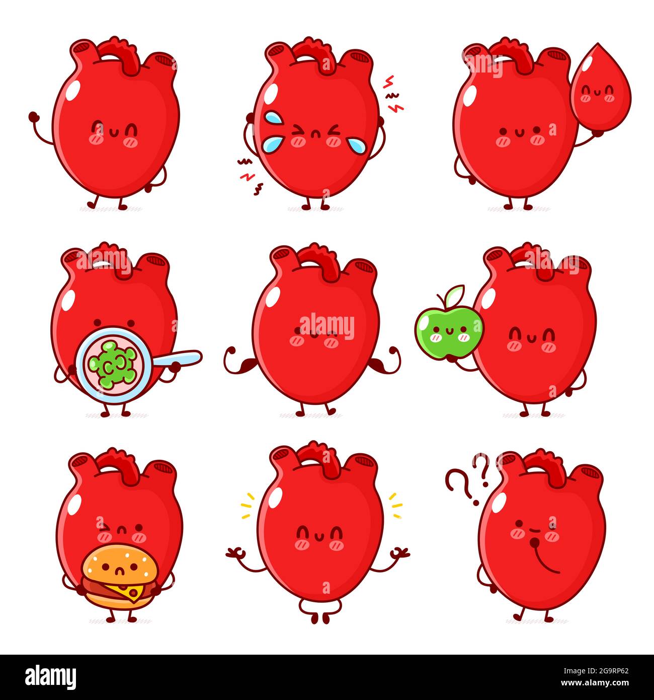Cute healthy and unhealthy human heart organ set. Vector line doodle ...