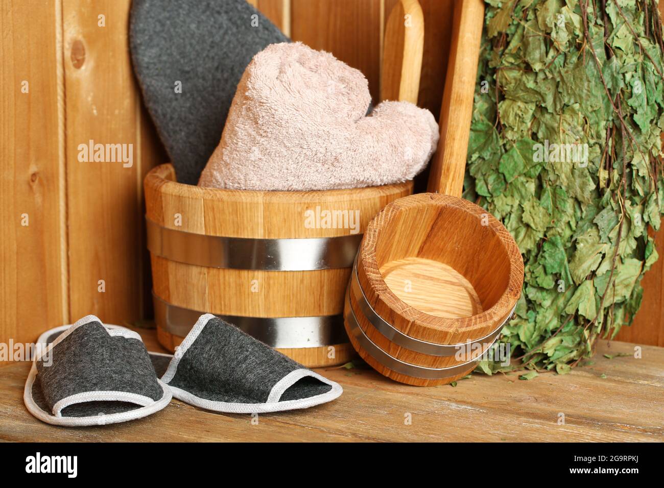 Natural accessories in sauna Stock Photo - Alamy