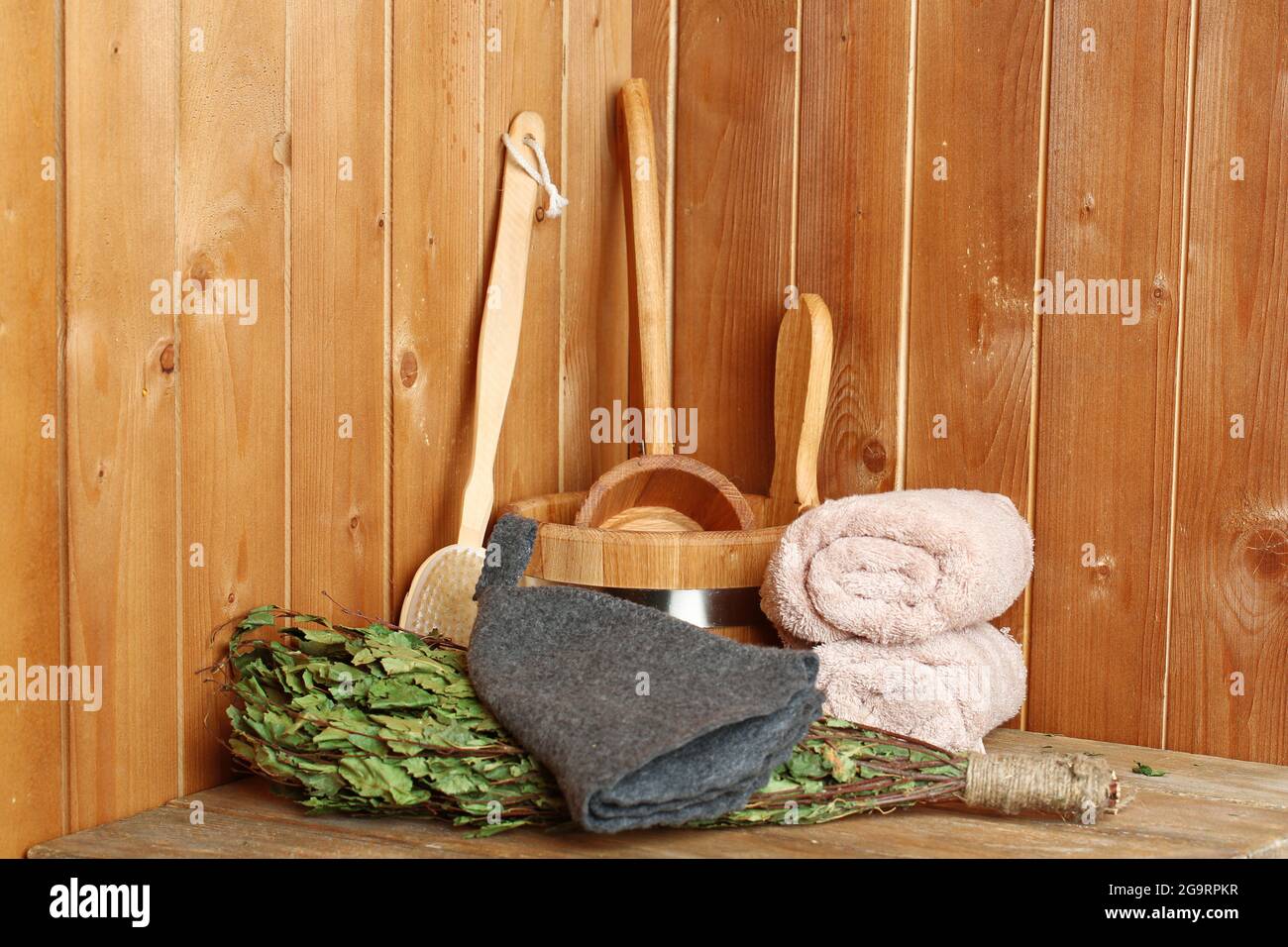 Natural accessories in sauna Stock Photo - Alamy