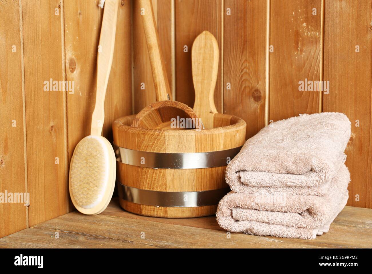Natural accessories in sauna Stock Photo - Alamy