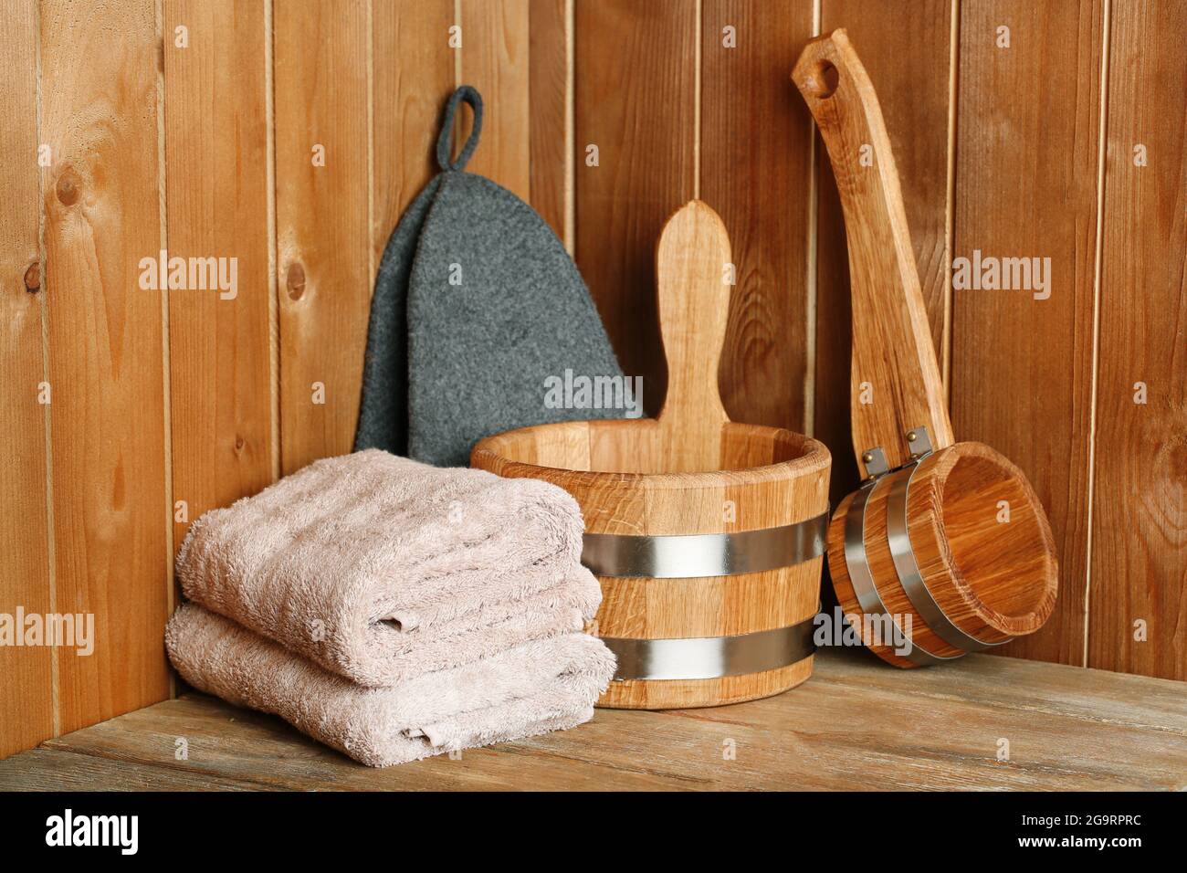 Natural accessories in sauna Stock Photo - Alamy