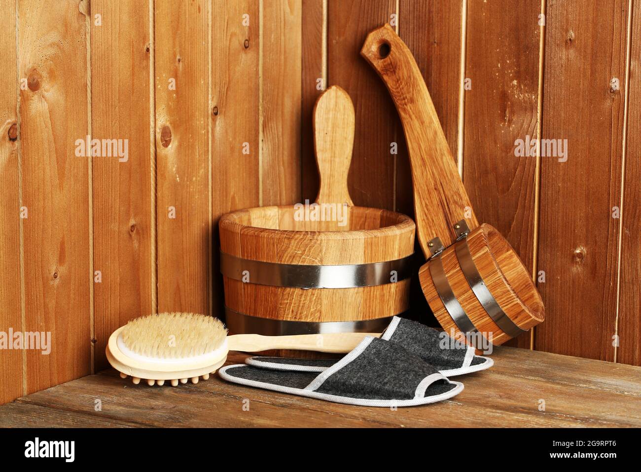 Natural accessories in sauna Stock Photo - Alamy