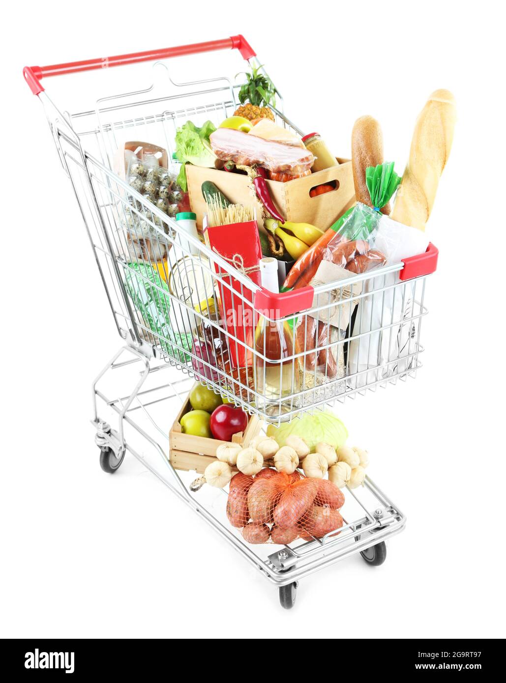 Shopping cart full with various groceries isolated on white Stock Photo ...
