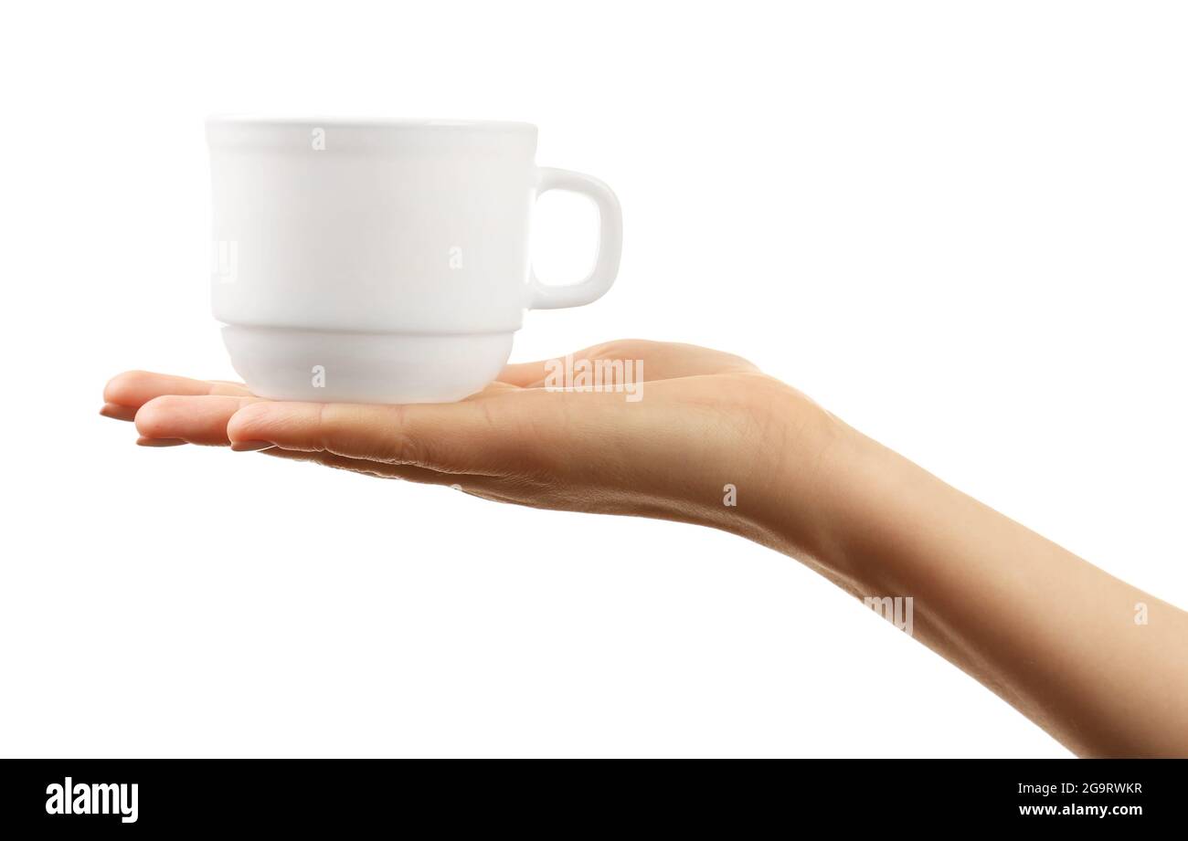 Female hand holding cup isolated on white Stock Photo - Alamy
