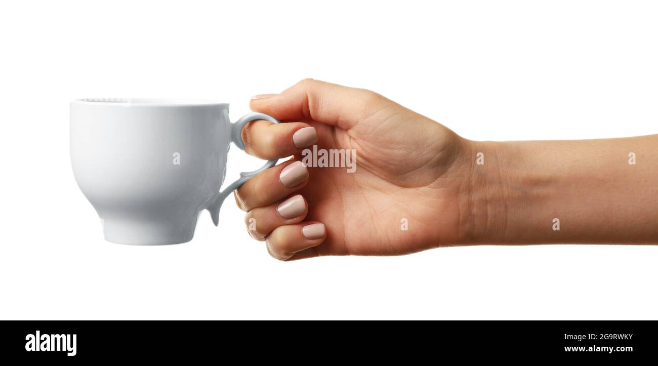 Female hand holding cup isolated on white Stock Photo - Alamy