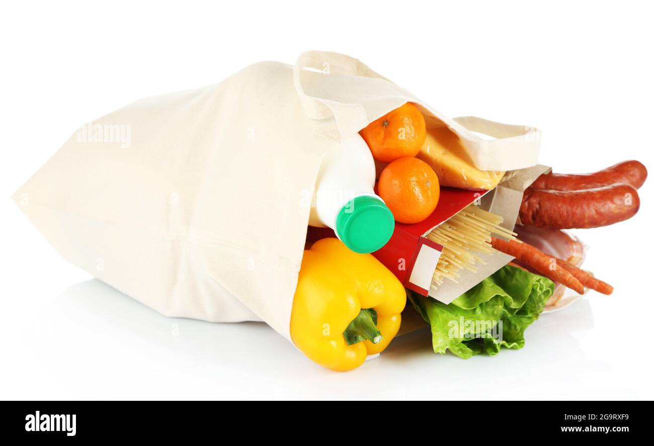 Shopping bag with set of products isolated on white background Stock ...