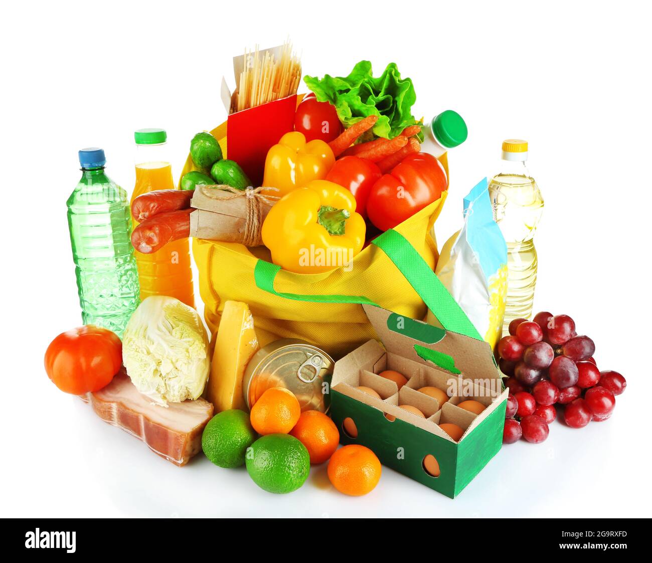 Shopping bag with set of products isolated on white background Stock ...