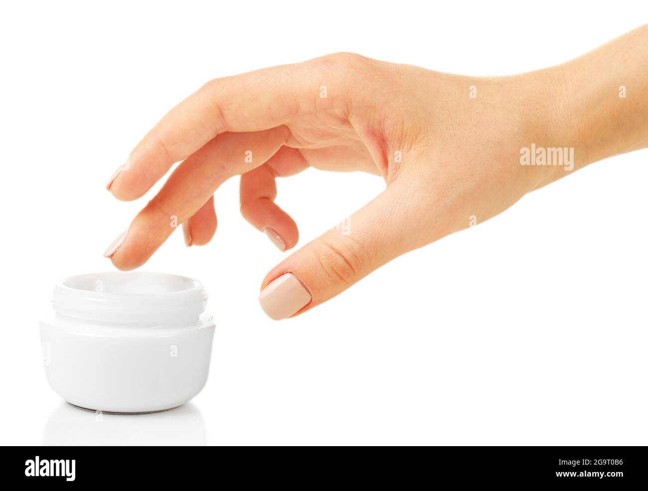 Female hand with jar of cream isolated on white Stock Photo - Alamy
