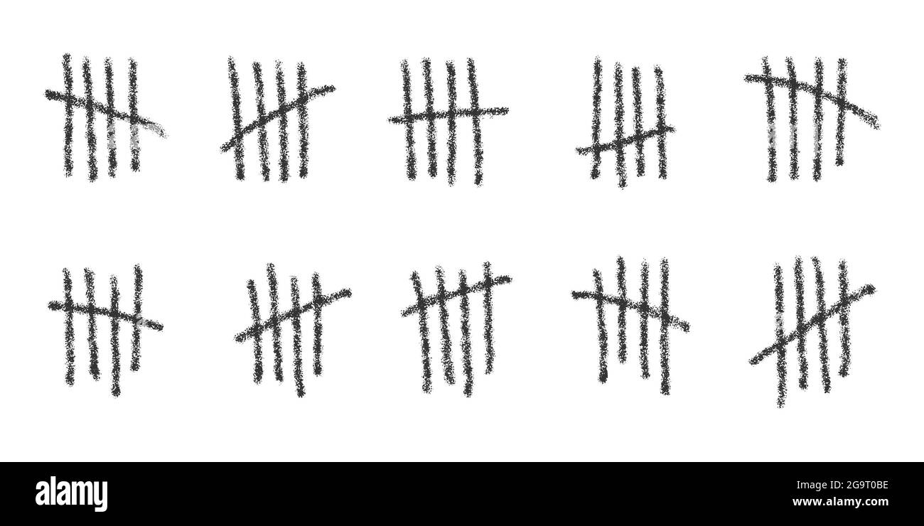 Charcoal tally marks. Hand drawn sticks sorted by four and crossed out ...