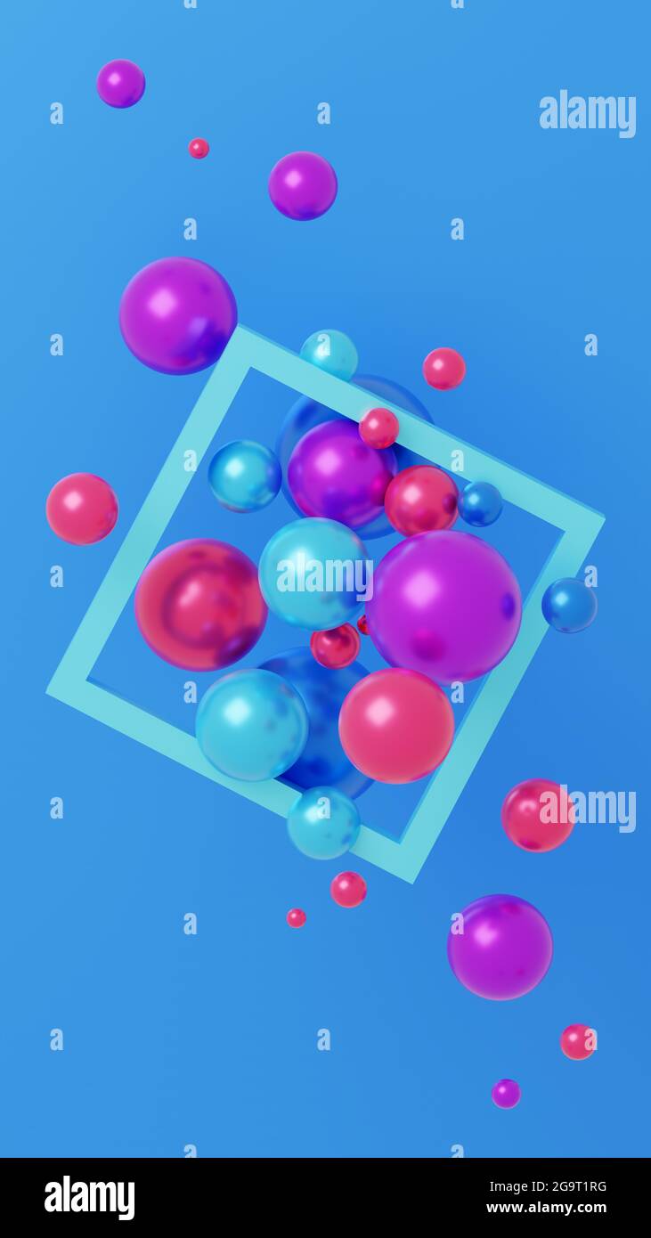 Vertical 3D illustration of multiple spheres and a square frame Stock ...