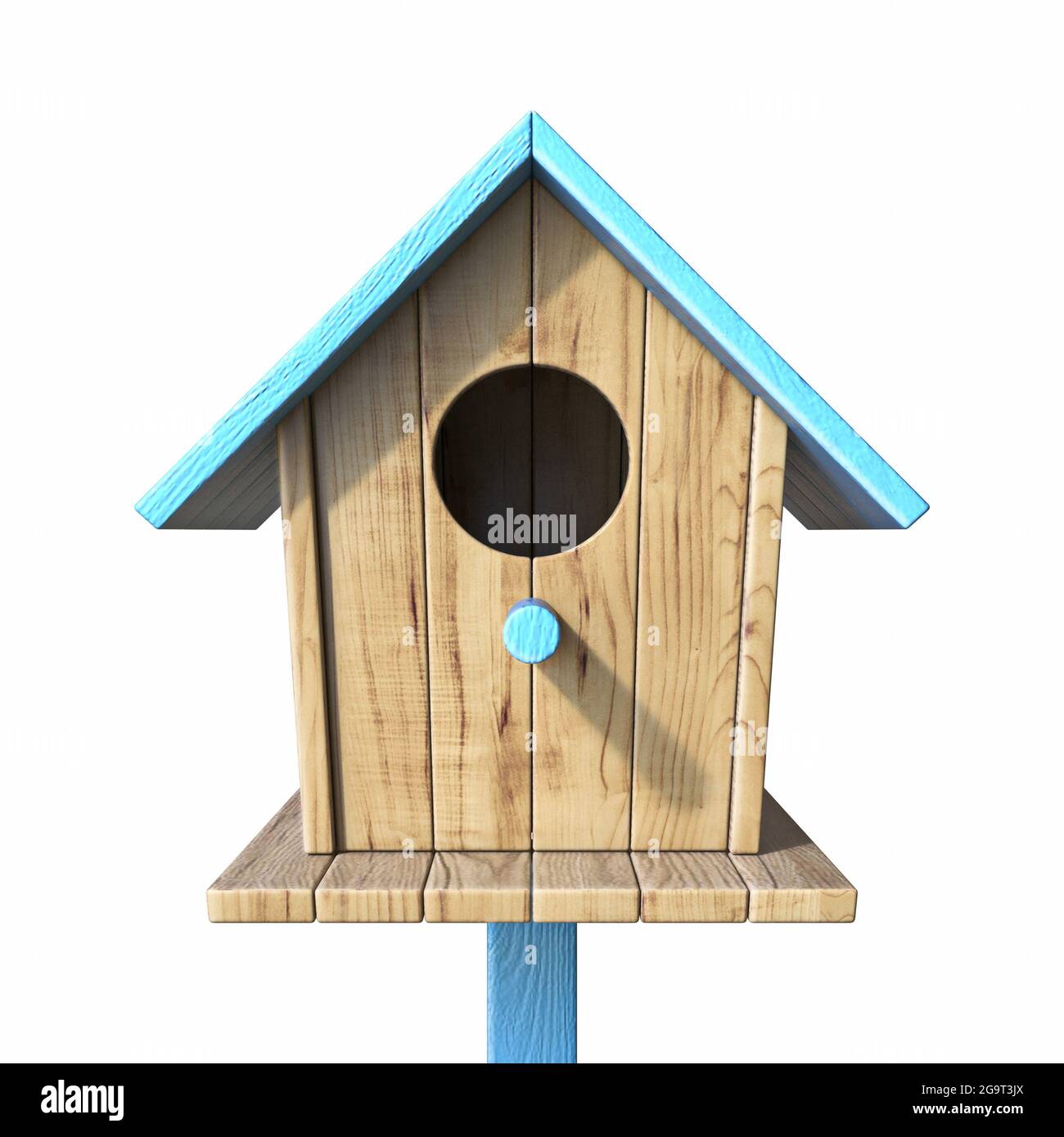 Birdhouse with blue roof Front view 3D render illustration isolated on ...