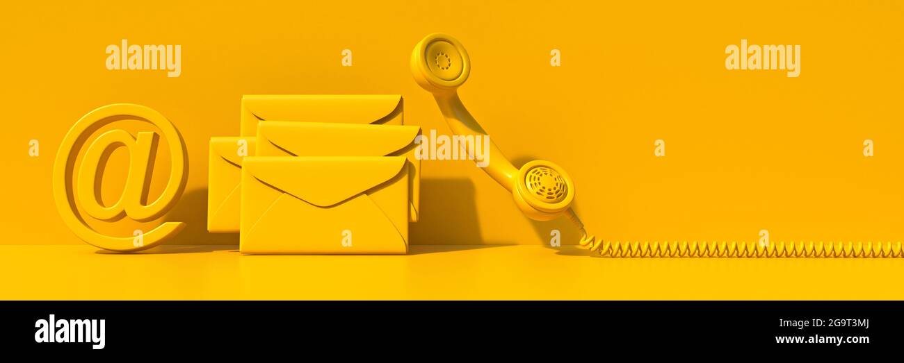 At sign, mail and phone sign 3D render illustration isolated on yellow ...