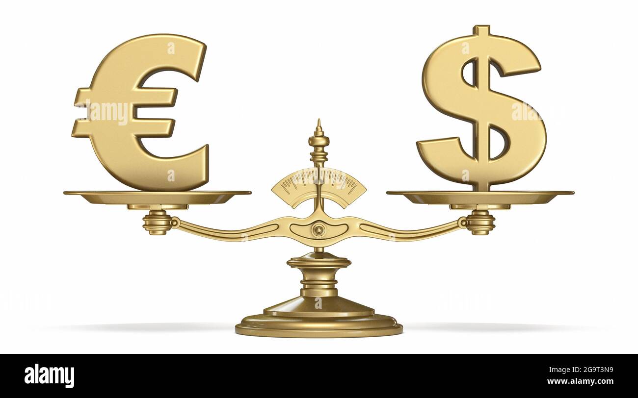 Euro and dollar currencies sign on golden scale 3D render illustration ...