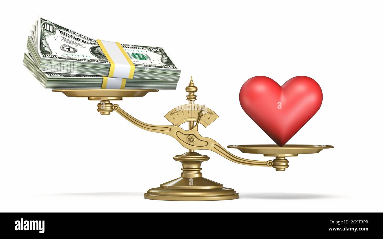 Heart and dollar bills on golden scale 3D render illustration isolated ...
