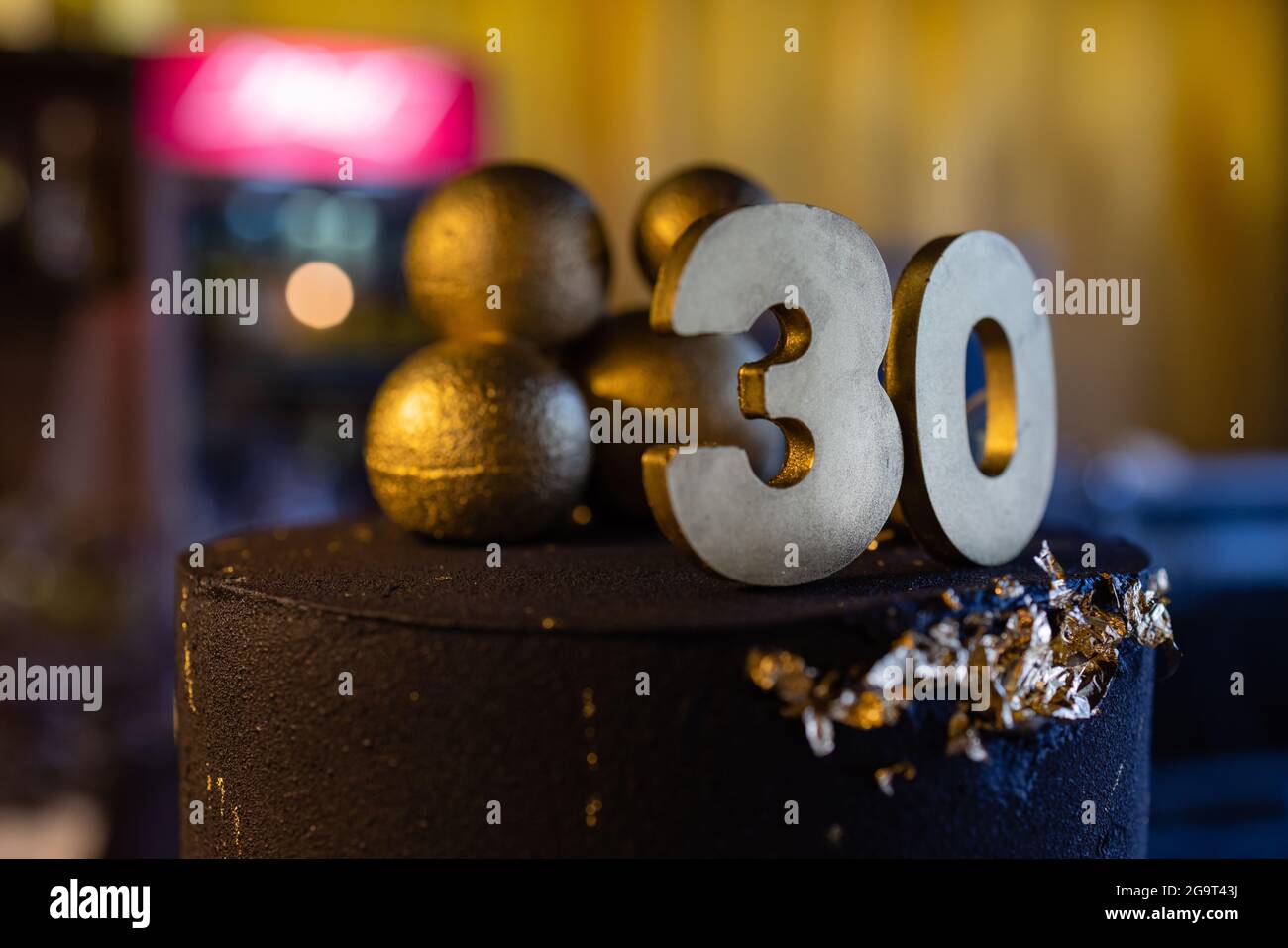 Birthday cake number 30 stars sky and moon concept, blue candle is fire ...
