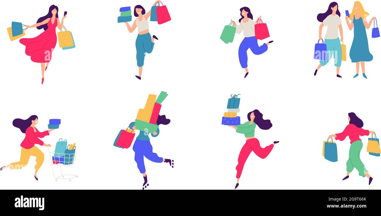 Cheerful shoppers characters illustration. Vector. Happy people with ...