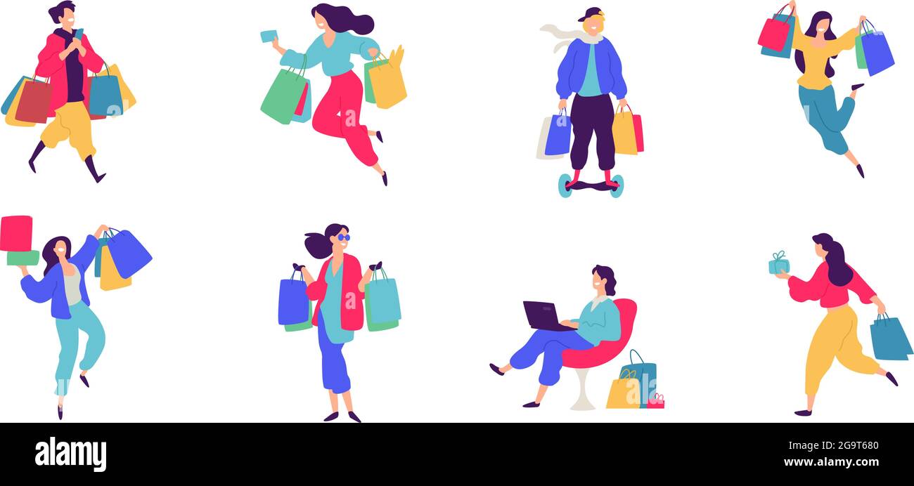 Cheerful shoppers characters illustration. Vector. Happy people with ...
