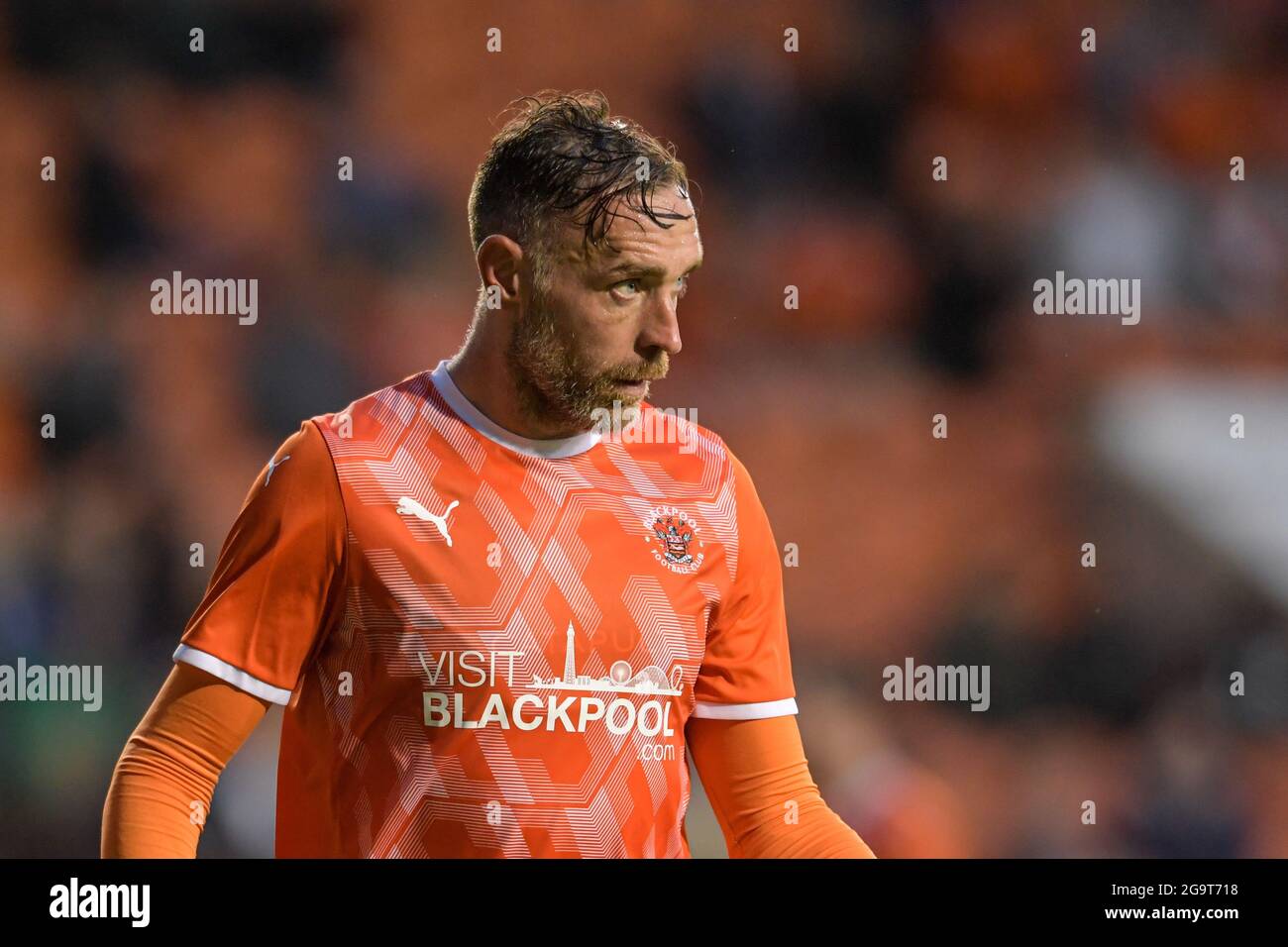 Blackpool, UK. 27th July, 2021. Richard Keogh of Blackpool in action ...